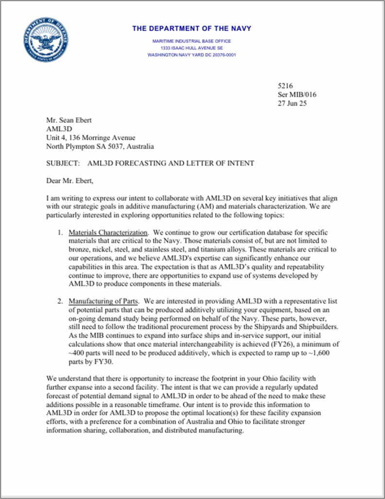 US Navy Issues AML3D with Letter of Intent | AML3D (ASX:AL3)